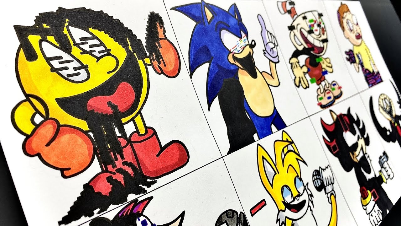 Drawing FNF - Pibby Pacman / Pibby Cuphead / Pibby Sonic and Tails ...