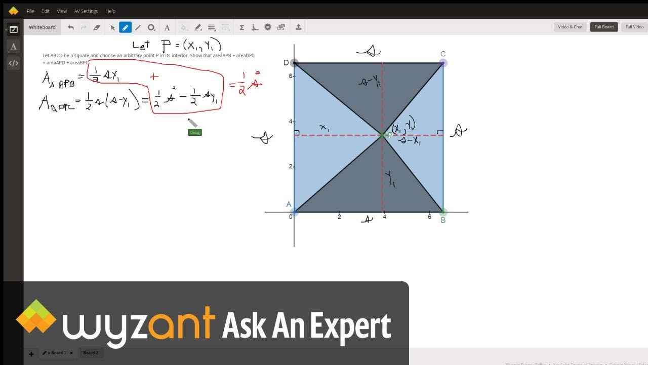 Point P in the interior of a square. Show areas of triangles created by ...