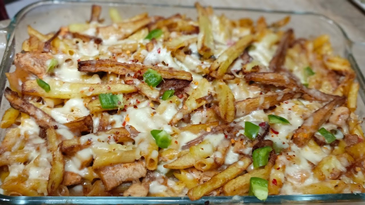 loaded 🍟fries with bake pasta 😋yummy easy recipi | creamy chicken pasta ...