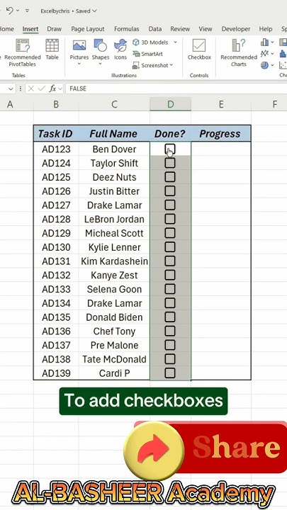 How to track progress In Excel using checkboxes. #AL_Basheer_Academy #shortsvideo - YouTube