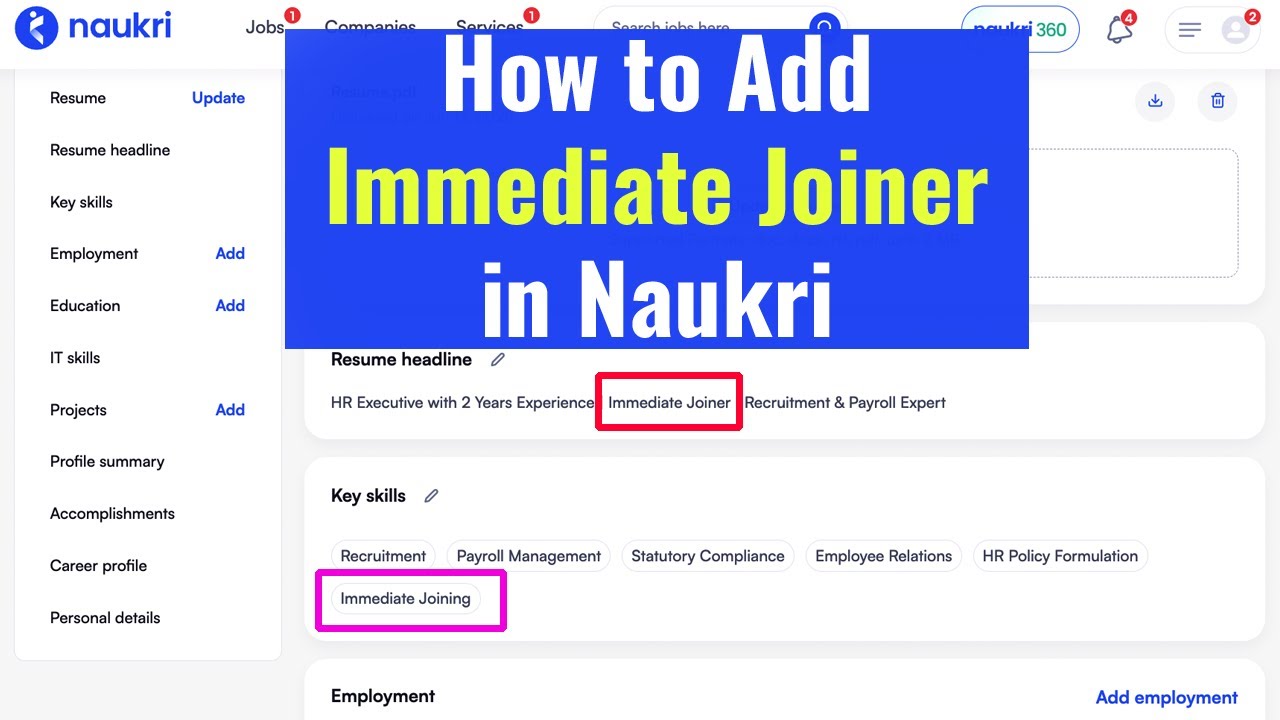 How to Add Immediate Joiner in Naukri Profile for Experienced - YouTube