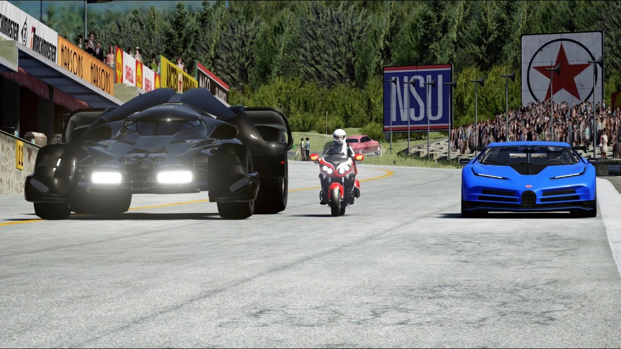 Honda GL1800 Gold Wing vs Batmobile vs Bugatti Centodieci at Old SPA ...
