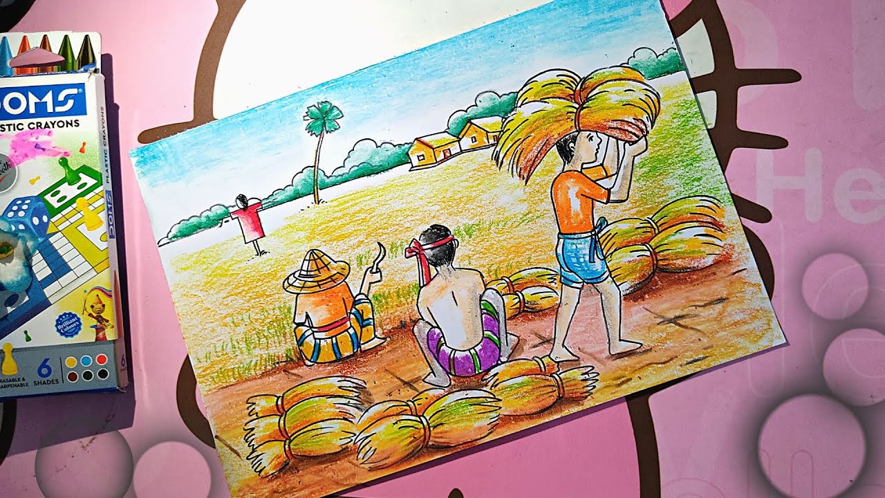 how to draw the scenery of paddy harvesting | paddy harvesting drawing ...