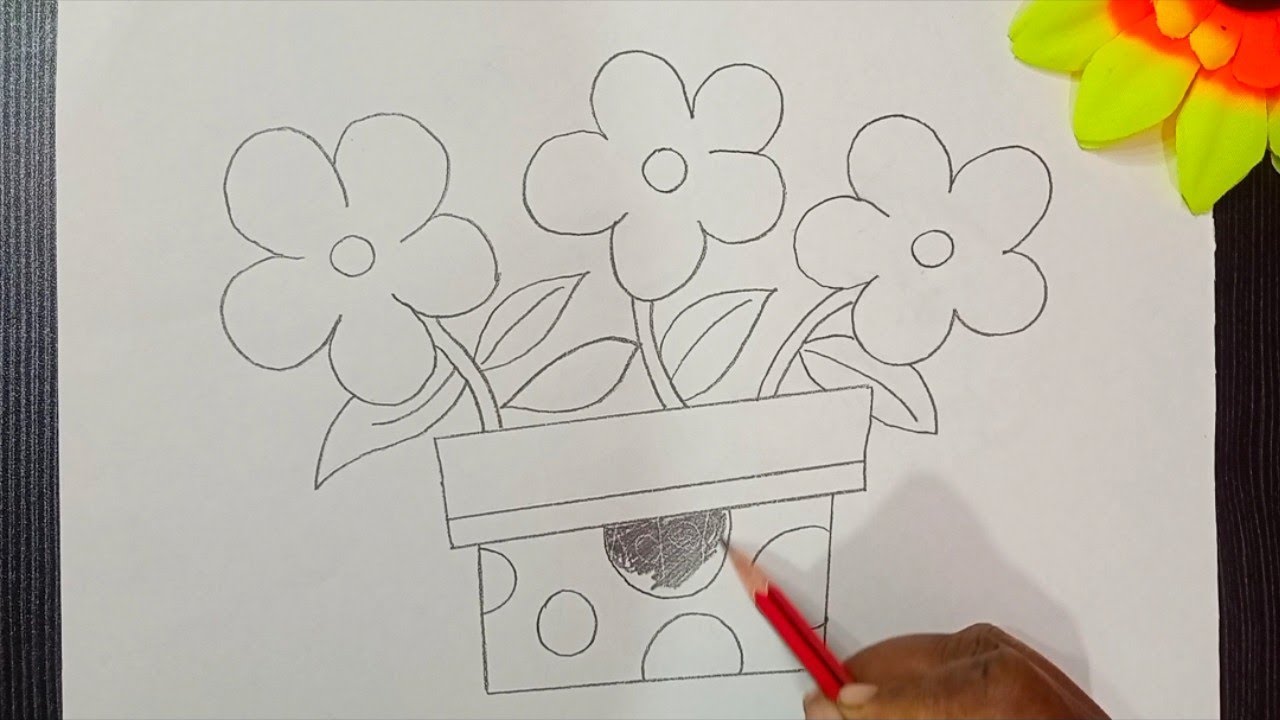Beautiful Drawing of flowers with pot | Flowers ke saath Pot ki drawing ...