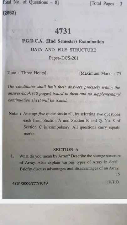 SPU Pgdca 2nd sem Data and file structure previous year question papers 2023!DFs using c++ paper ...