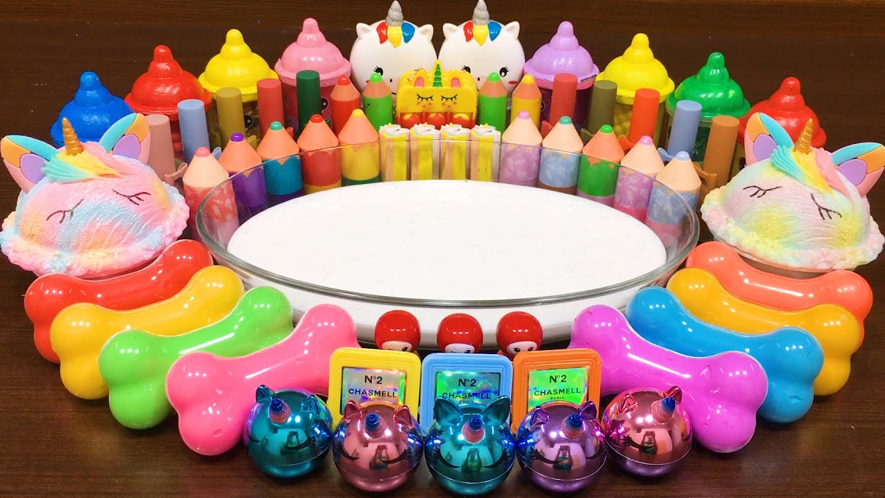 UNICORN SLIME!!! Mixing Random Things into GLOSSY Slime!! Satisfying ...