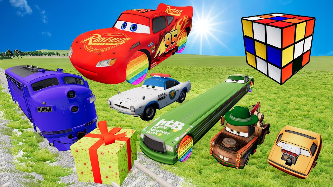 Trains vs Cars. Long & big Lightning McQueen, Mater, Chiko in the world ...