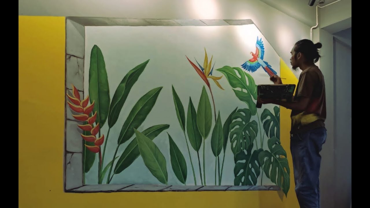 mural tropical 3 dimensi , lukisan bunga, mudah dan murah - YouTube