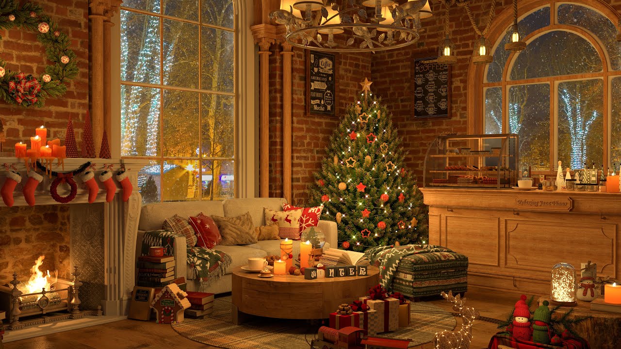 Warm Christmas Night at 4K Cozy Coffee Shop Ambience Relaxing Jazz ...