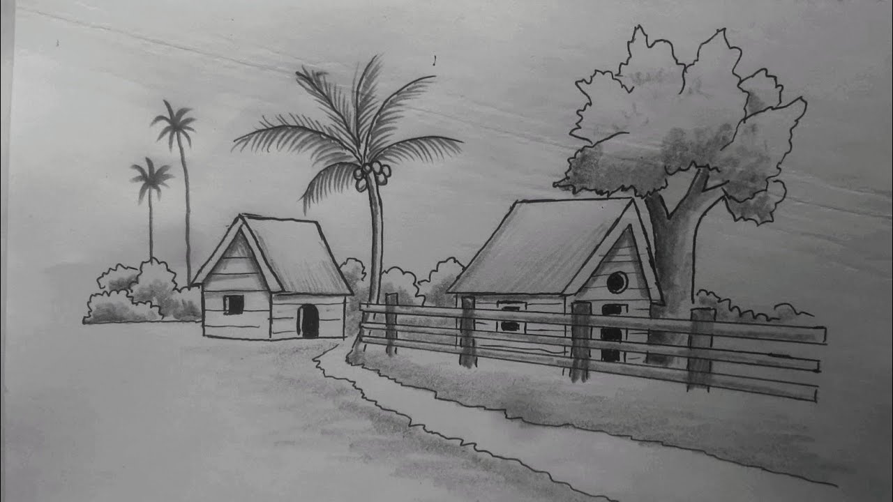 Gramer Drisso Drawing 😍 গ্রামের দৃশ্য আঁকা 💖 Village Scenery Drawing ...