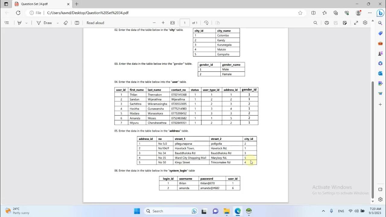 Java Question Set 34 | Create an INSERT Query to enter data into tables created to store details ...