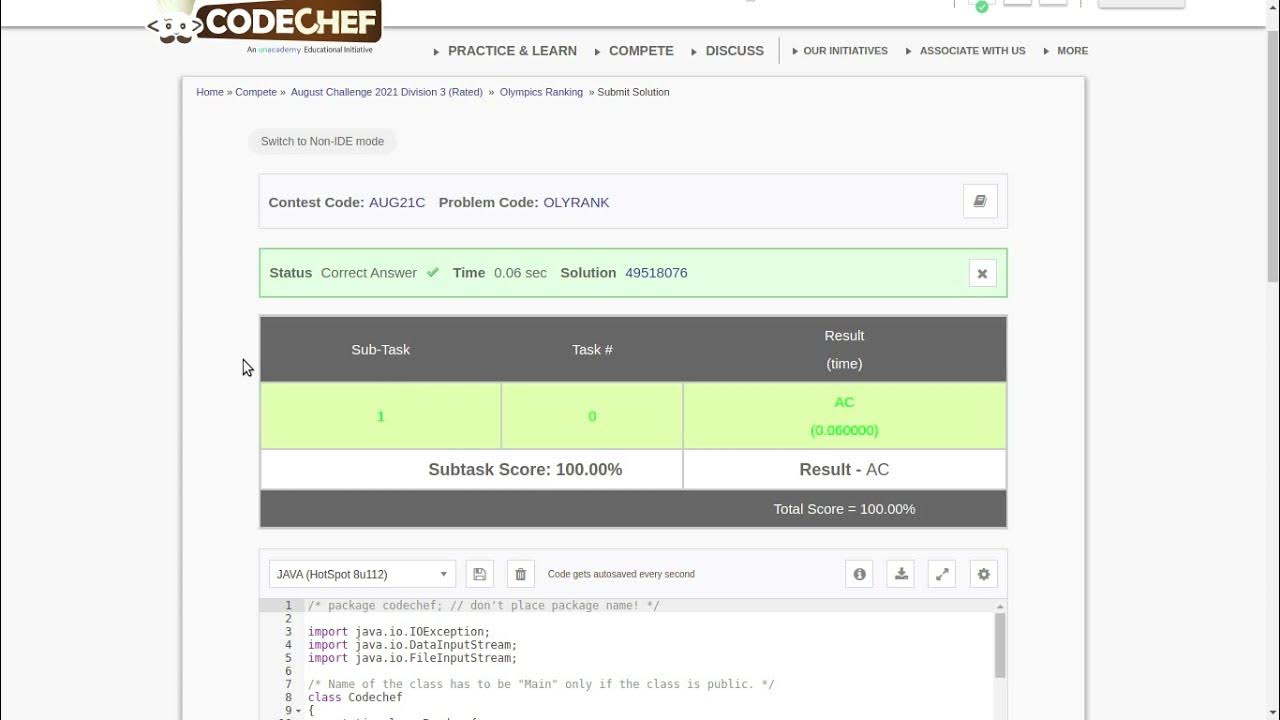 Olympics Ranking | Codechef | Java | August Challenge 2021 Division 3 (Rated) | 0.06 sec - YouTube