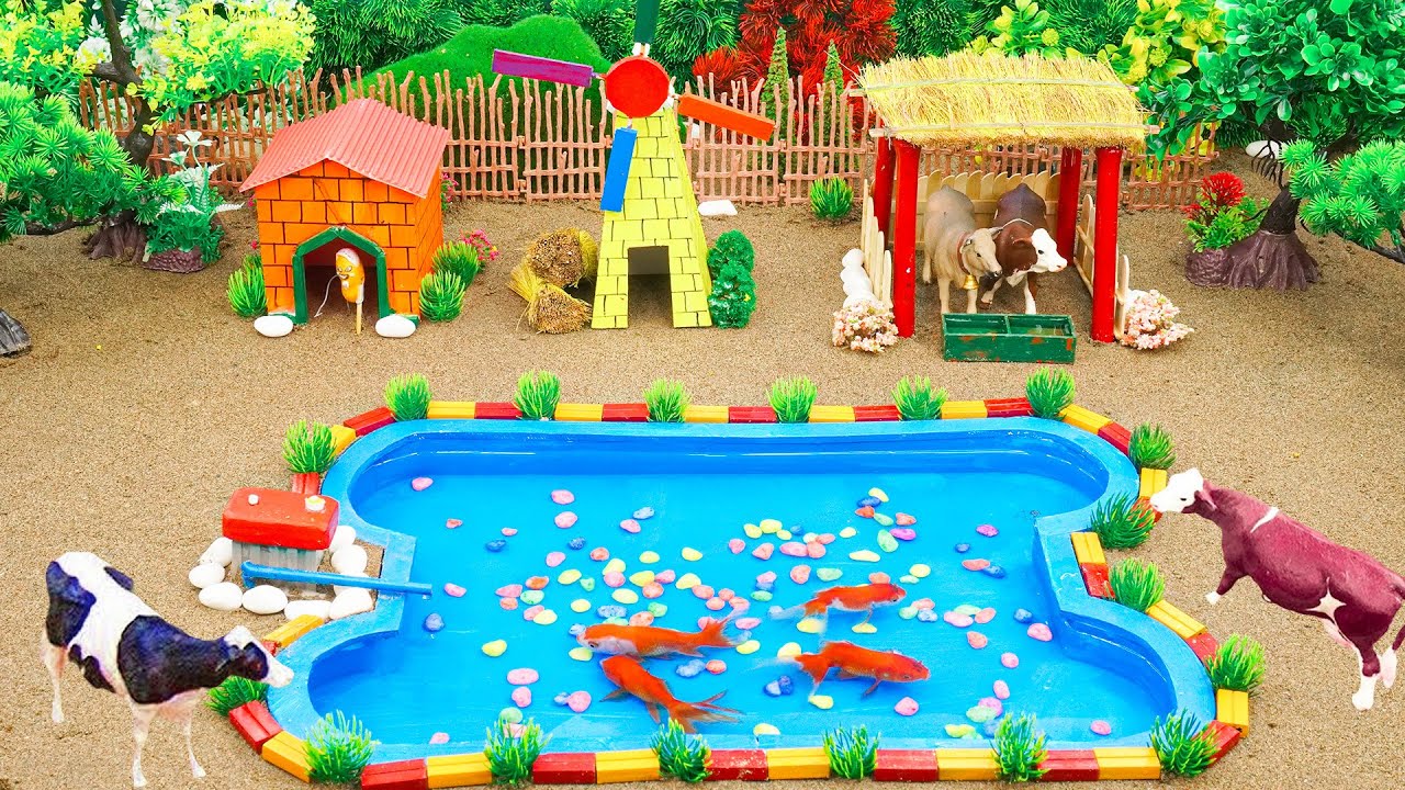 Mini Tractor Farm Diorama with Animal Shelter, Water Pool & Carrot ...