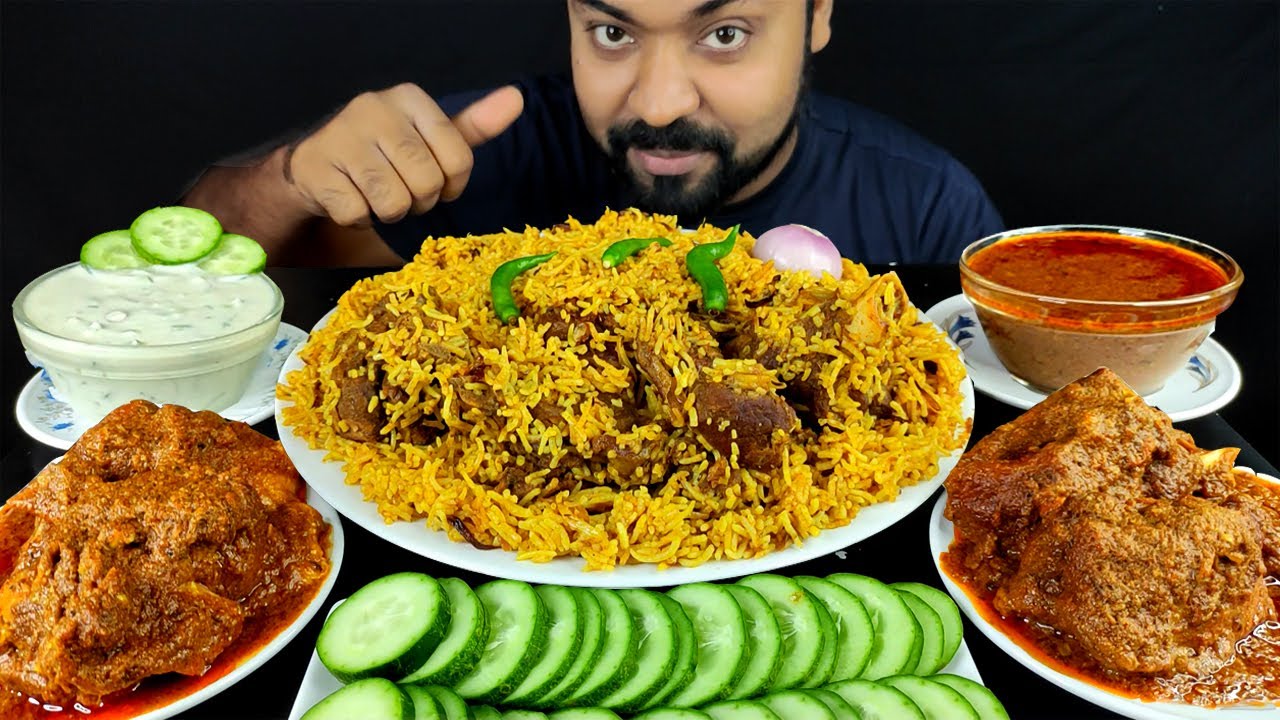 MUTTON BIRYANI, SPICY MUTTON CURRY, RAITA, CHILI, ONION ASMR MUKBANG ...