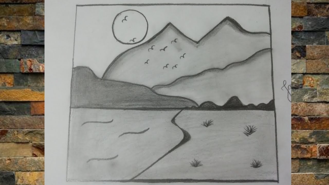 Mountain scenery drawing with pencil | Nature scenery drawing easy ...