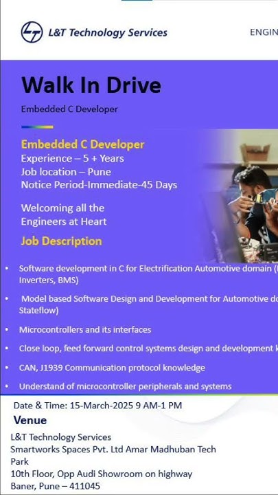 L&T Technology Hiring Embedded C Developer |salary -30LPA -50LPA#embeddedc #walkindrive # ...