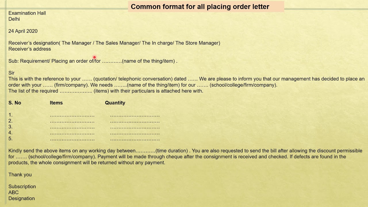 Letter to place an order/class 10, class11,class12 - YouTube
