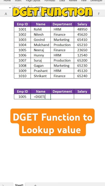 DGET Function to Lookup value in Excel #excel #excelforbeginners - YouTube