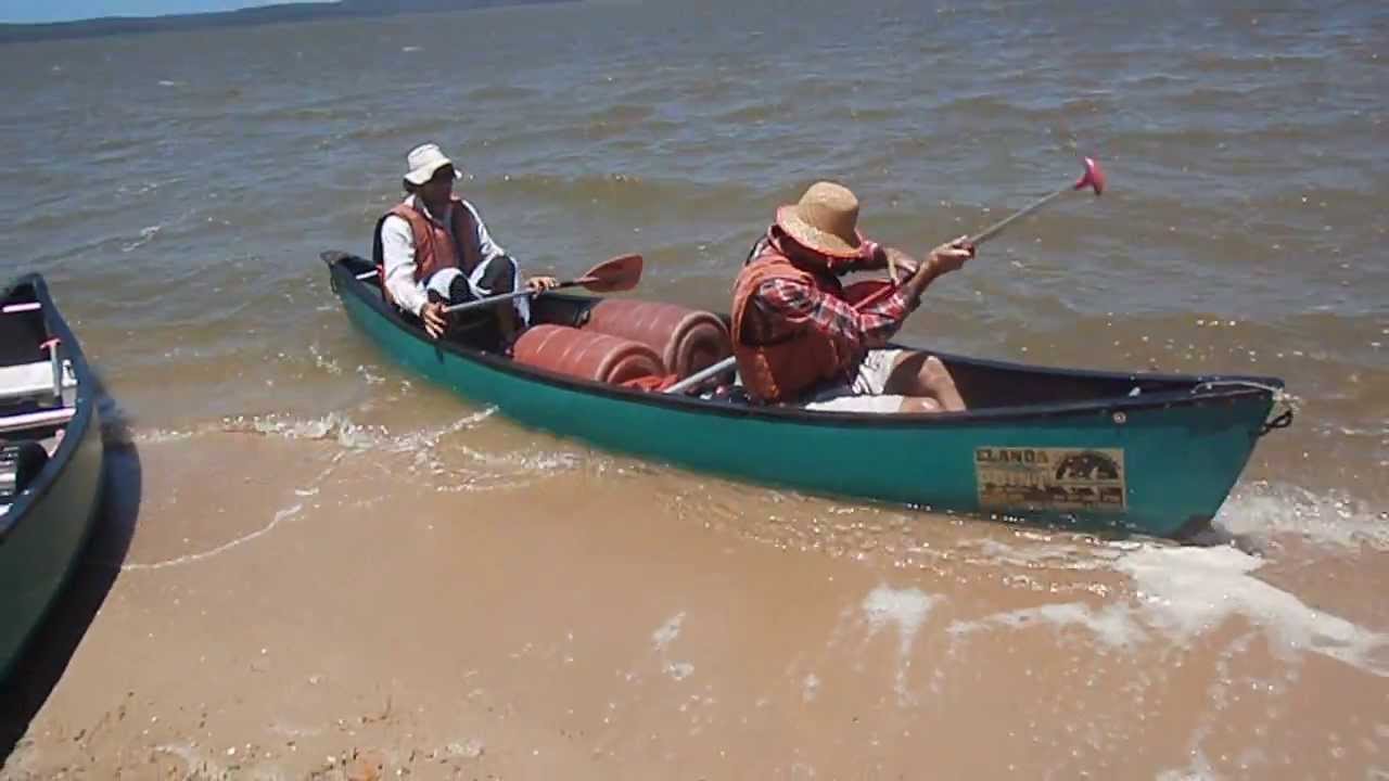 Ewen and Lawrence arriving back at Elanda Point, Lake Cootharaba, Feb ...