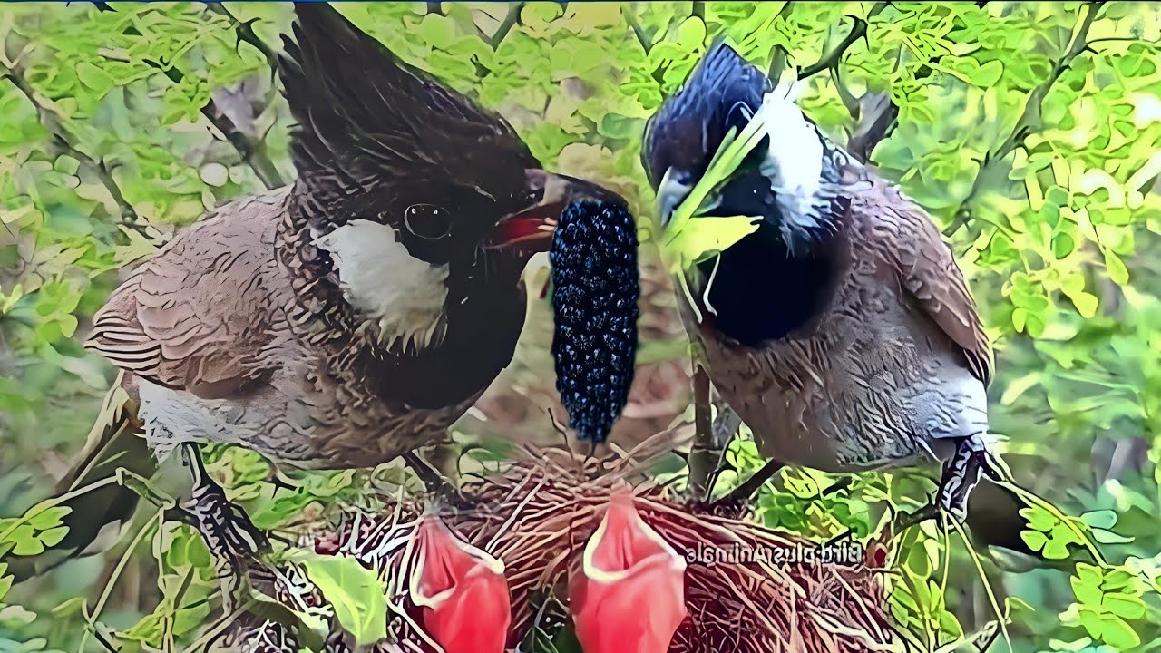 White Ear bulbul feeding different kind of fruit to her young babies ...