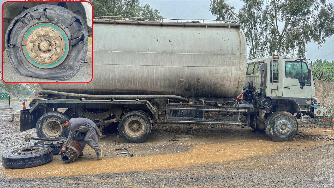 Emergency Fixing Heavy Duty Truck's Flat Tire and Damaged Brake Drum ...