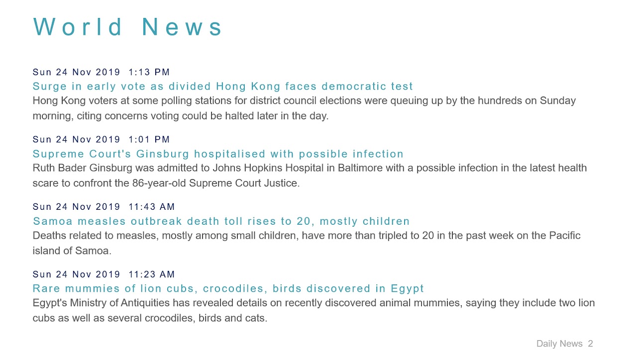 World News Headlines for 24 Nov 2019 - 6 PM Edition - YouTube