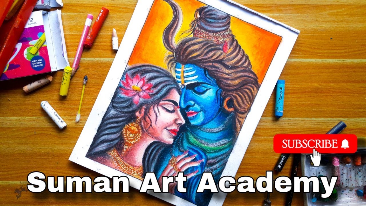 Shiva parvati drawing step by step with oil pastel colours//Mahadev and ...