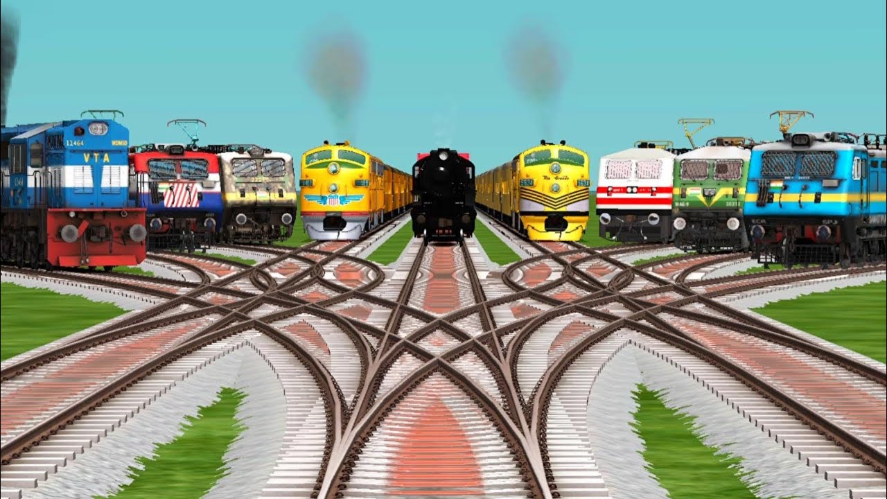 9 High Speed Trains Crossing By Bumpy Branched Railroad Tracks | Steam ...