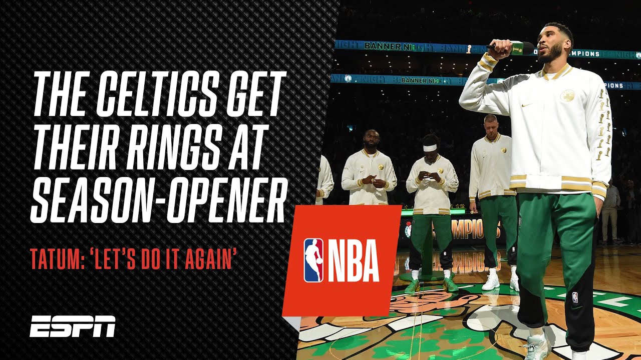 The Boston Celtics receive their rings at the ring ceremony and raise ...