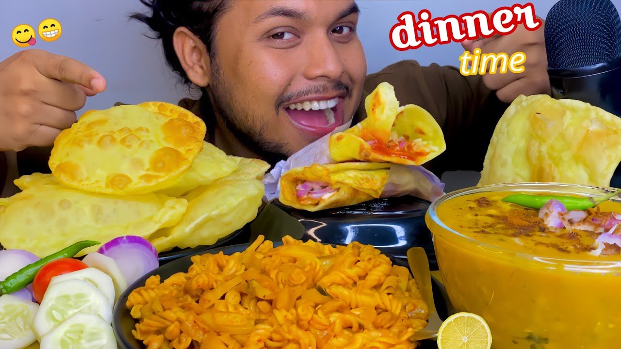 EATING PURI/LUCHI WITH ALOO SABJI(GHUGNI)AND PARATHA|SPICY PASTA AND ...