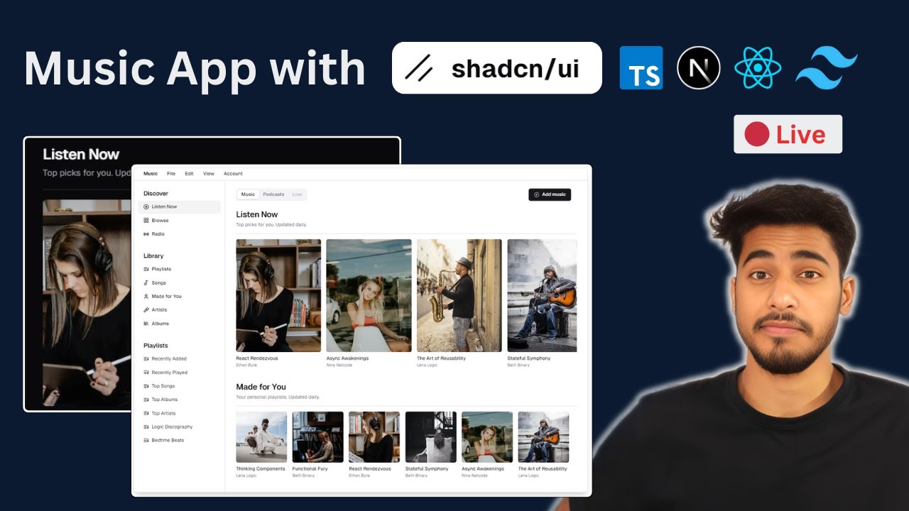 🔴live Create Music App With Shadcnui Nextjs Ts Tailwindcss Reactquery Music Api And More