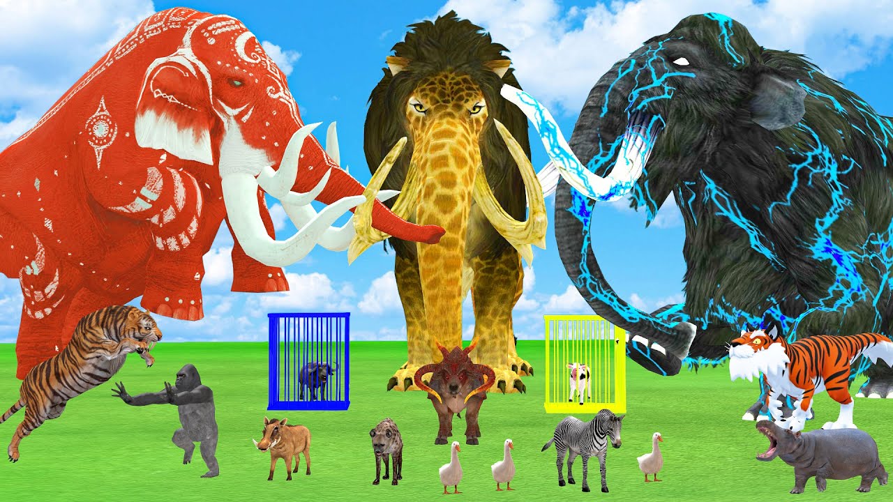 5 Giant Mammoth Elephant Vs 5 Giant Lion Tiger Wolf Vs Hippo Elephant ...