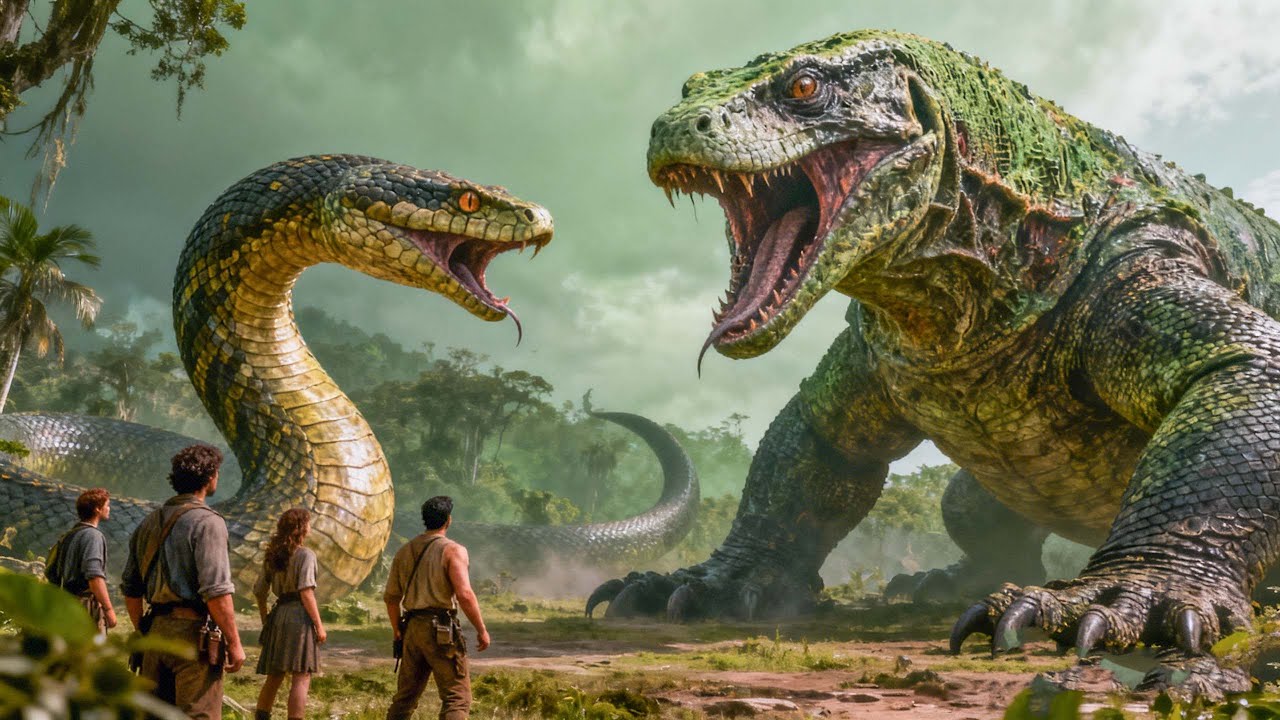 An ancient giant snake versus a mutated giant lizard – the scene is ...