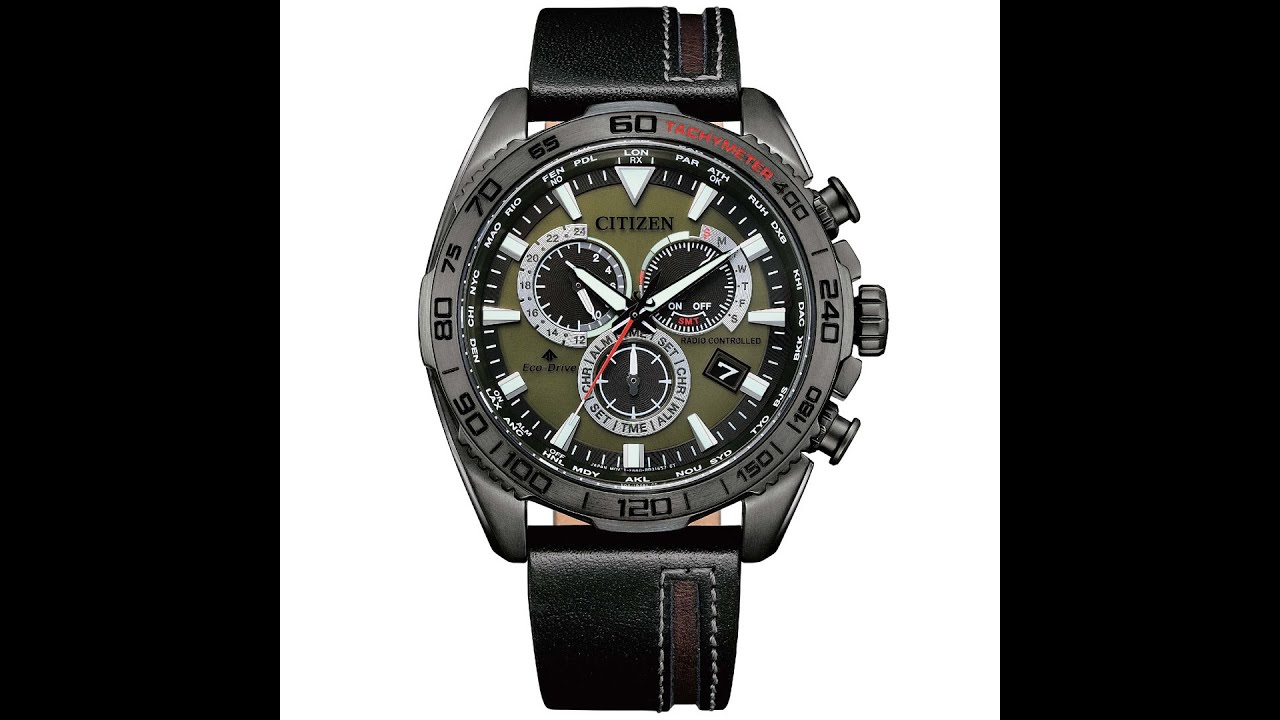 【CITIZEN】PROMASTER 尊爵復古光動能 電波三眼計時真皮腕錶/黑x綠面 CB5037-17X - YouTube
