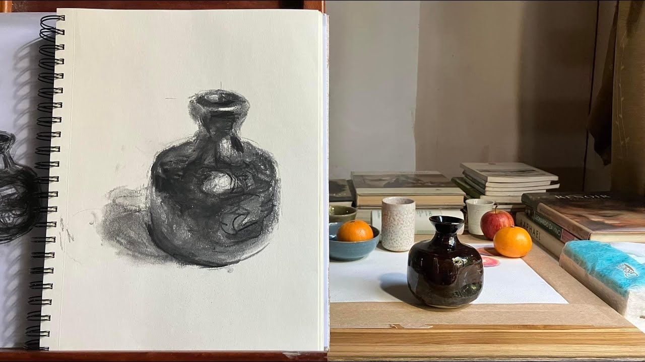 Draw a Japanese ceramic vase with charcoal. - YouTube