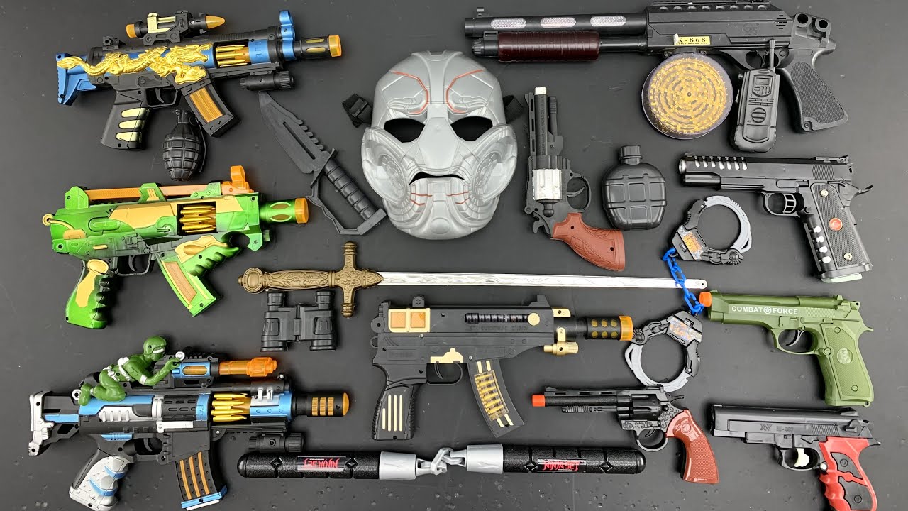 Scary Mask, Sound Guns, Sword, Bead Throwing Guns And Nunchucks - YouTube