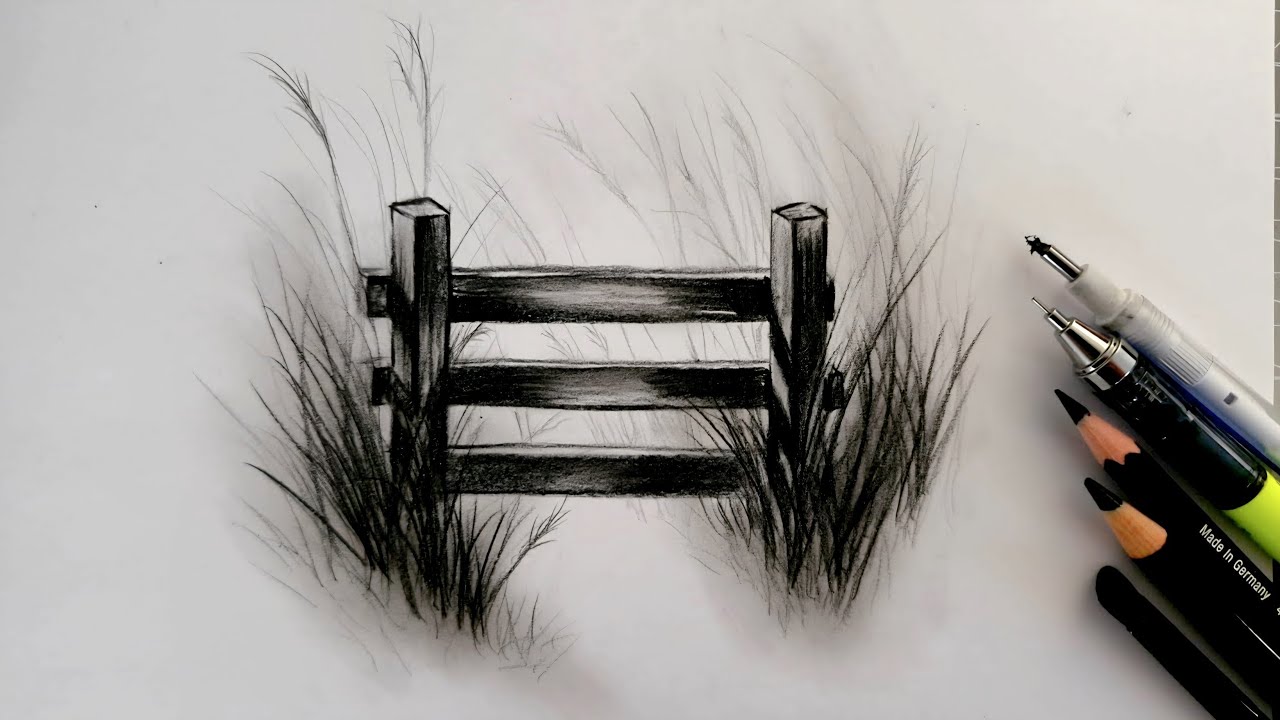 Pencil landscape drawing of a fence / Easy pencil drawing tutorial step ...