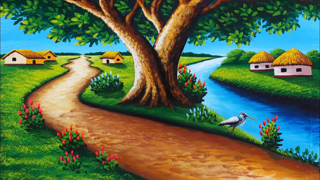 Road to the village | Indian village nature drawing painting - YouTube