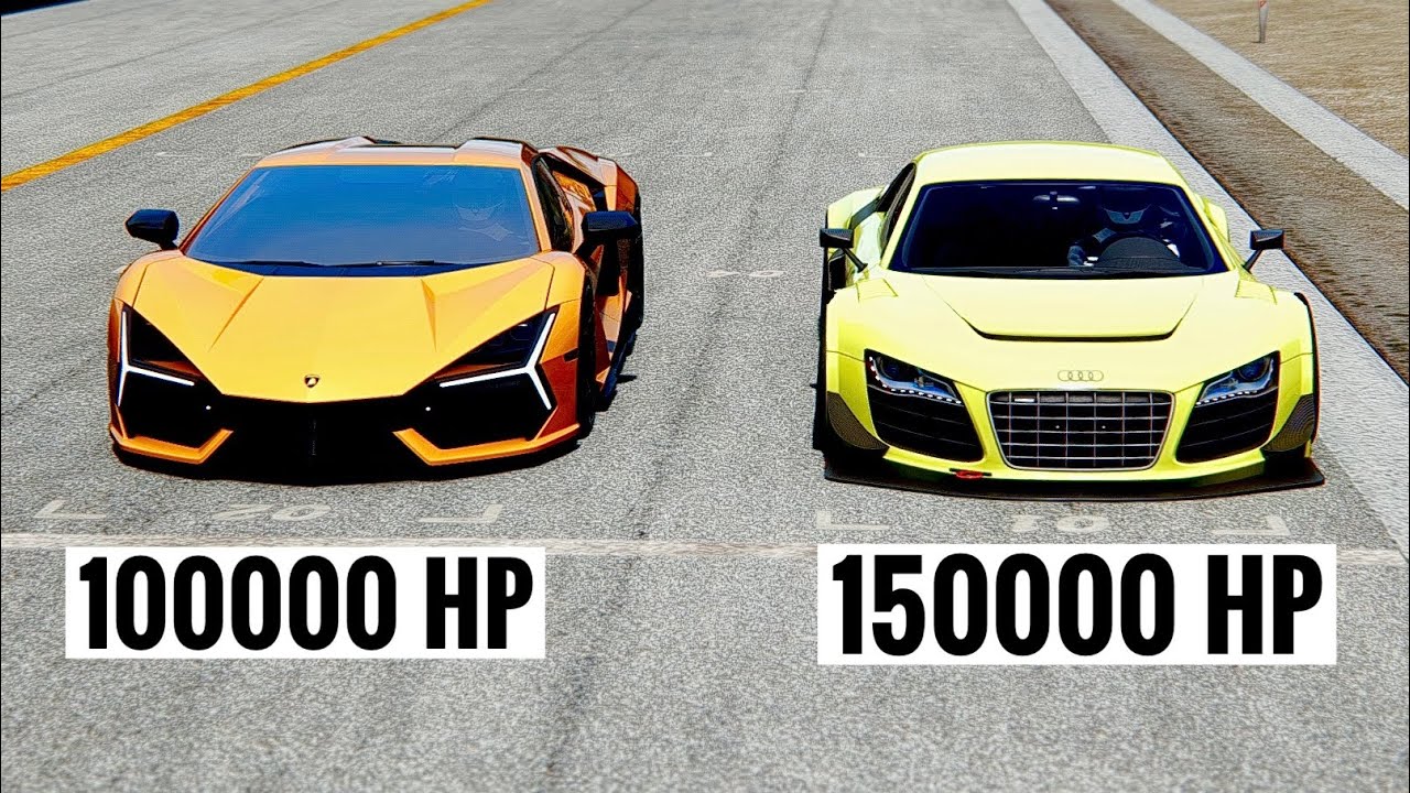 100000 HP Lamborghini Revuelto vs 150000 HP Audi R8 PENTA TURBO at ...