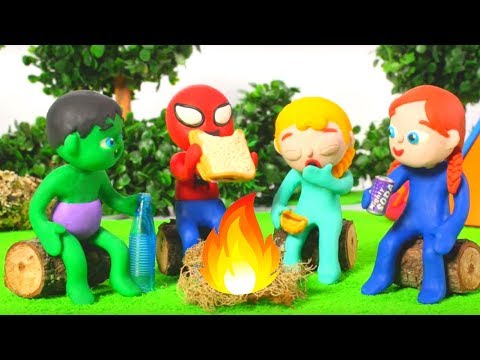 SUPERHERO BABIES GO CAMPING  ❤ Spiderman, Hulk & Frozen Play Doh Cartoons For Kids