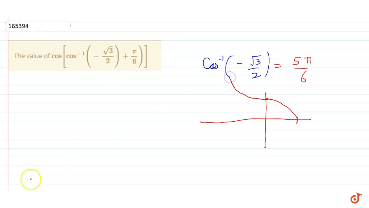 The value of `cos[cos^(-1) (-sqrt3/2)+pi/6)]` - YouTube
