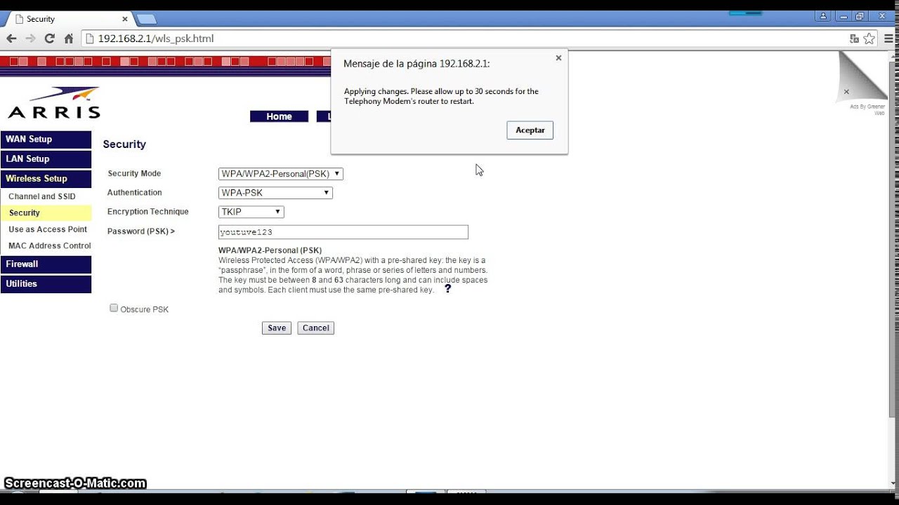 tutorialcomo cambiar la contraseña de el módem Arris - YouTube