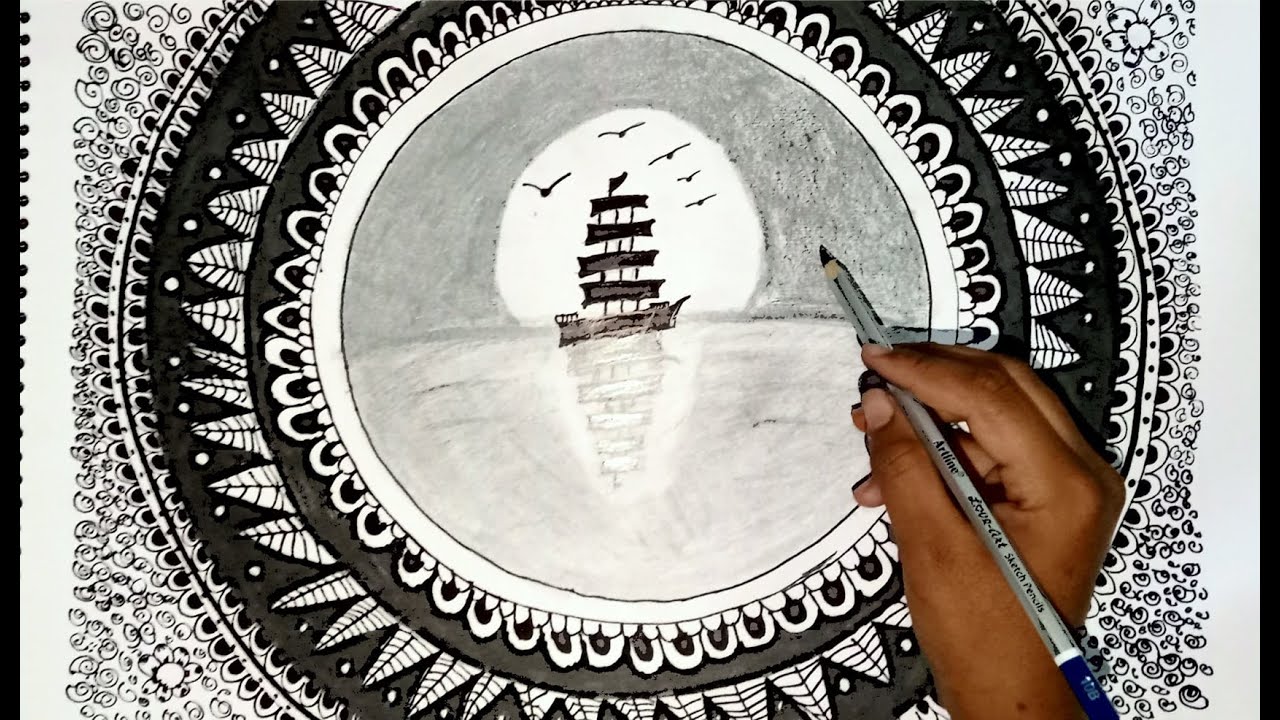 Moonlight ship drawing scenery with pancil 😃 - YouTube