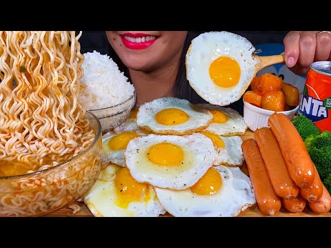 ASMR SOUPY SPICY NOODLES, RICE, FRIED EGGS, CHICKEN SAUSAGES MASSIVE Eating Sounds