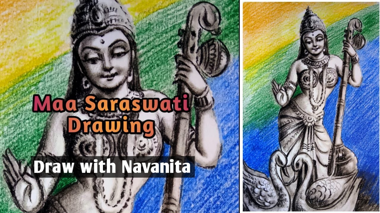 Saraswati/Maa Saraswati Drawing/Drawing of Saraswati Maa with Charcoal ...