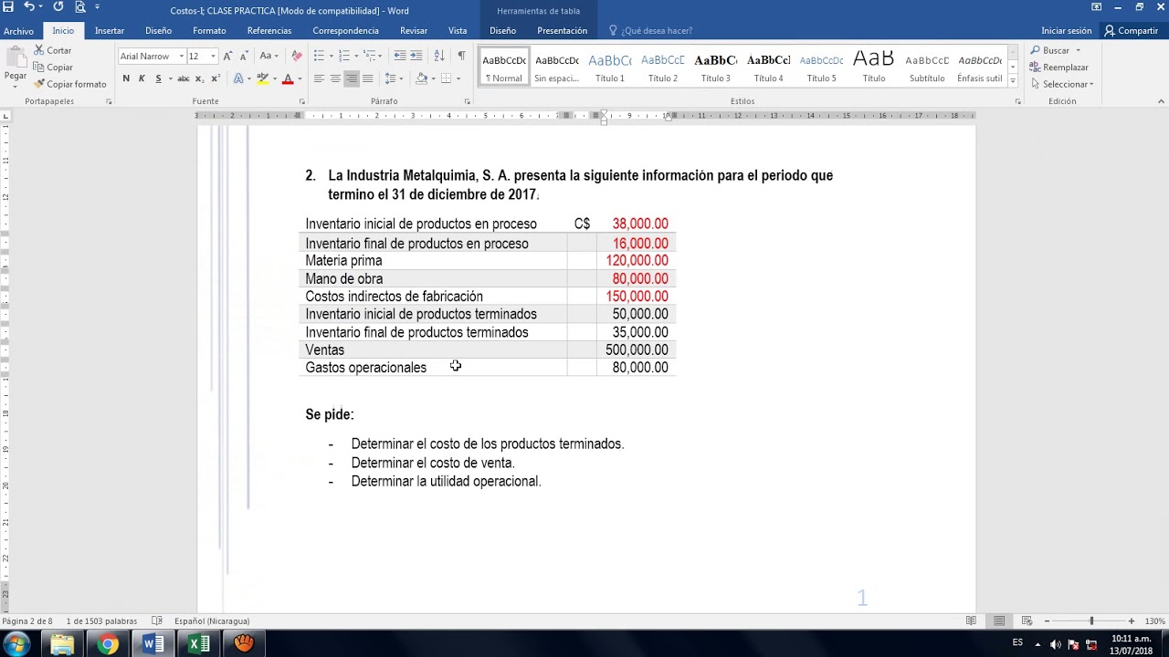 Ejercicio 2; Costo de Productos Terminados, Costo de Venta y Utilidad ...