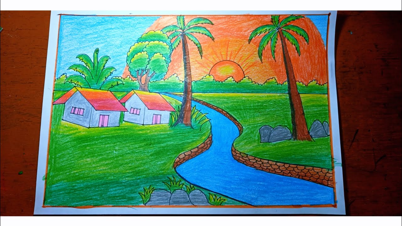 How to draw scenery with pencil colour/Nature scenery drawing with ...