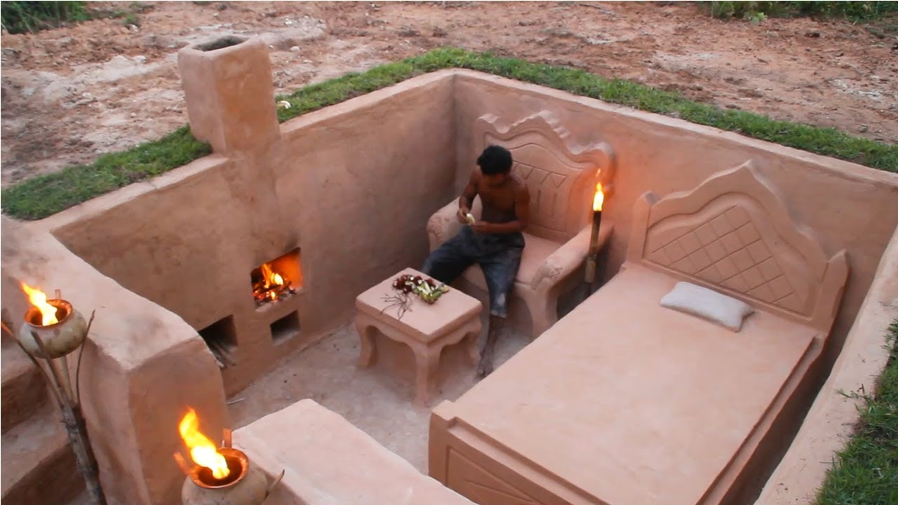 Building Calm Underground Survival Shelter & Fireplace with Clay - YouTube