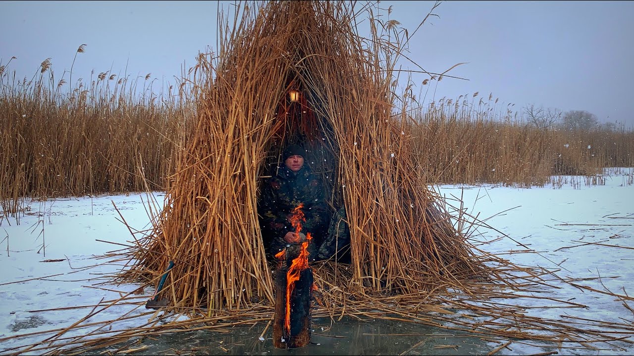 Building a Reed Shelter Waterproof | Swedish Candle on Ice | Winter ...
