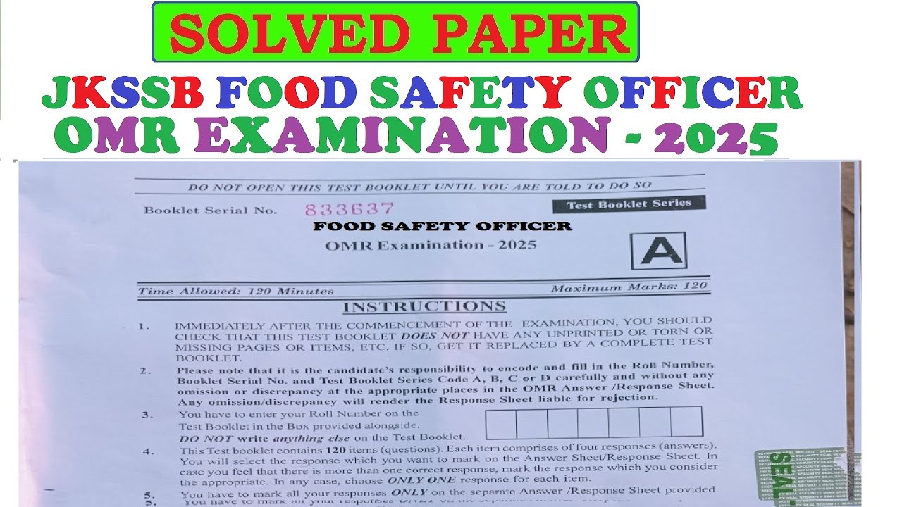 TODAY'S FULLY SOLVED JKSSB FOOD SAFETY OFFICER 2025 OMR PAPER WITH ...